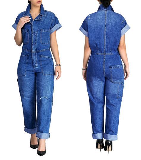 2021 Woman Denim Jumpsuits Rompers Plus Size Short Sleeve Front Buttons