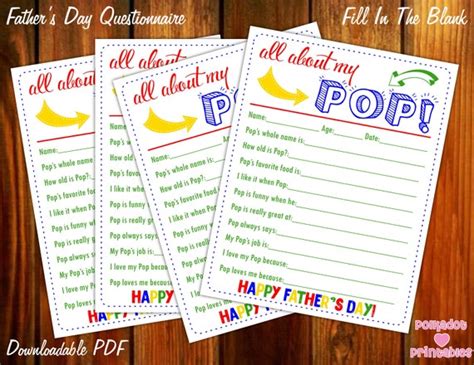 All About My Pop Fathers Day Questionnaire Instant Downloadable Pdf