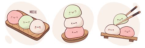 Desenhar Engraçado Kawaii Japão Tradição Doce Mochi Ilustração Vetorial