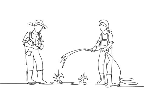 Premium Vector Single Continuous Line Drawing Couple Farmer Watering