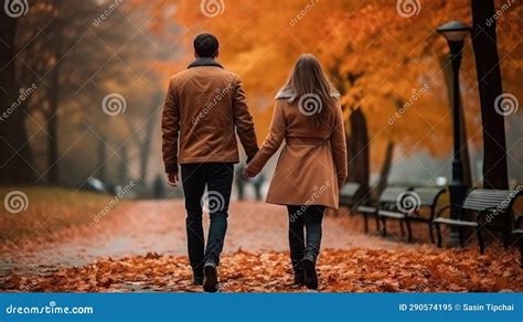 Couple In Love Holding Hands On A Walk In The Park In Autumn Stock