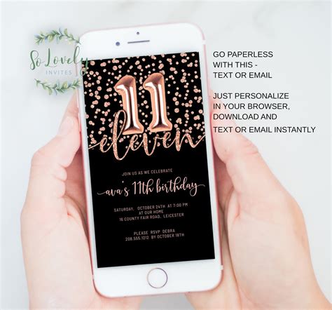 Black And Rose Gold Glitter 11th Birthday Invitation Edit Yourself