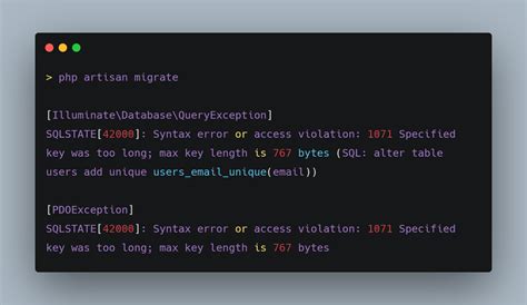 laravel migration error specified key was too long shyam makwana