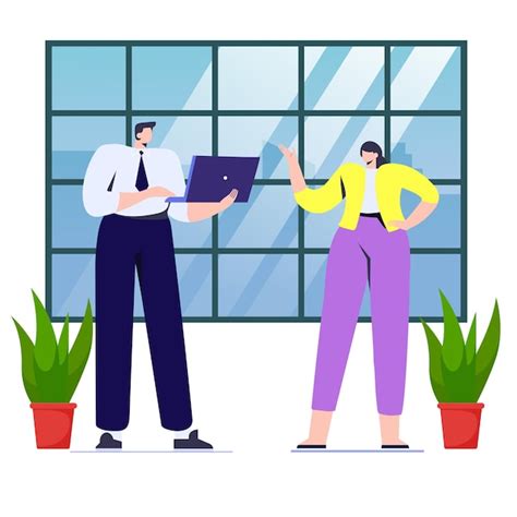 Premium Vector Young Business Man And Woman Standing And Talking Each