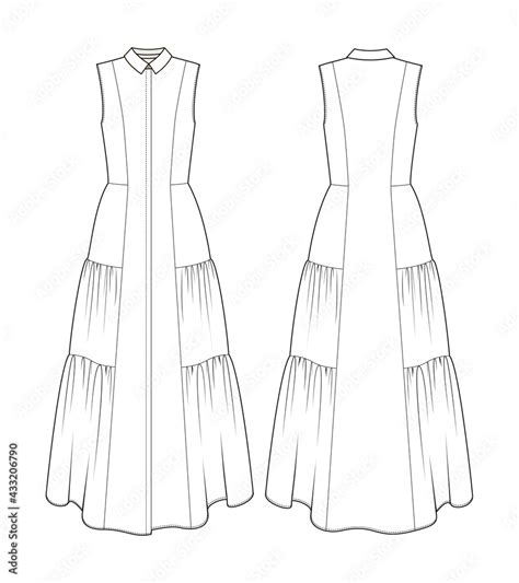 Fashion Technical Drawing Of Tiered Dress Shirt Fashion Flat Sketch Of