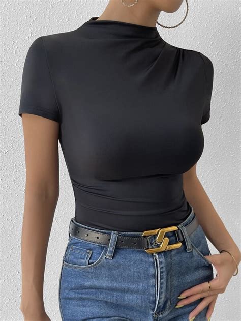 Shein Privé Mock Neck Ruched Bodysuit Shein Eur