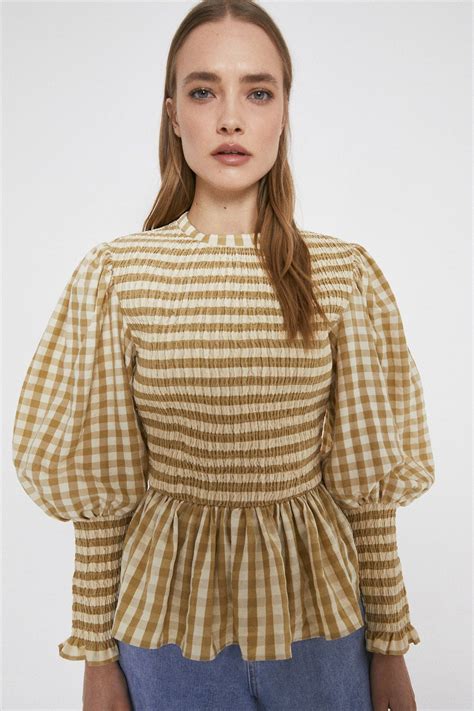 Gingham Smocked Puff Sleeve Top Warehouse Balloon Sleeves Top