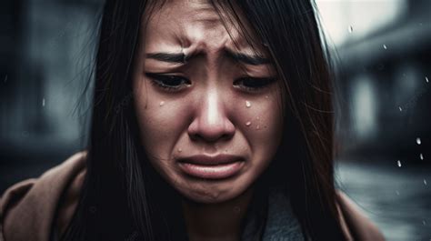 Woman Is Crying In The Rain Background Crying Face Young Woman Hd
