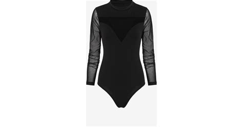 Zaful Cotton Bodysuits Sheer Mesh Panel Mock Neck Bodysuit In Black Lyst