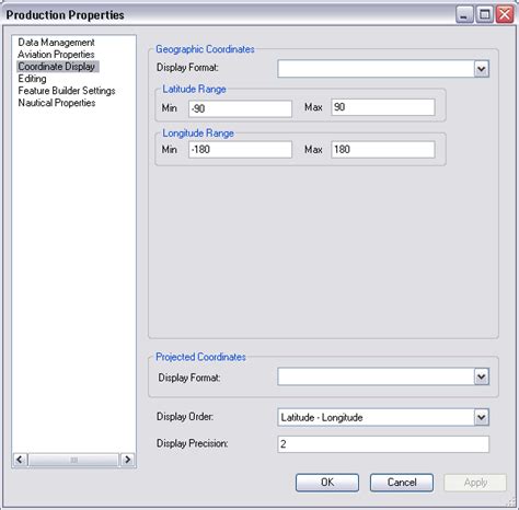 configuring the way coordinates are displayed through the production