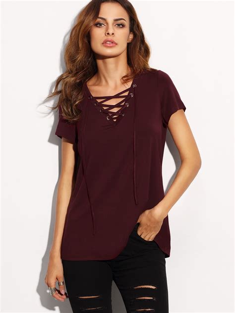 Lace Up Front V Neckline Tee Shein Sheinside