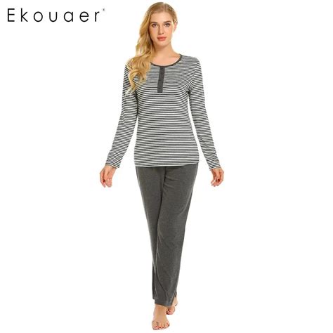 Ekouaer Women Pajamas Set Casual Long Sleeve Striped O Neck Tops And