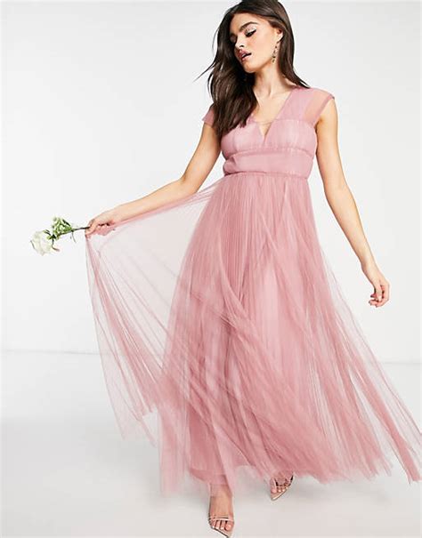 Asos Design Tulle Plunge Maxi Dress With Shirred Sleeves In Rose Asos