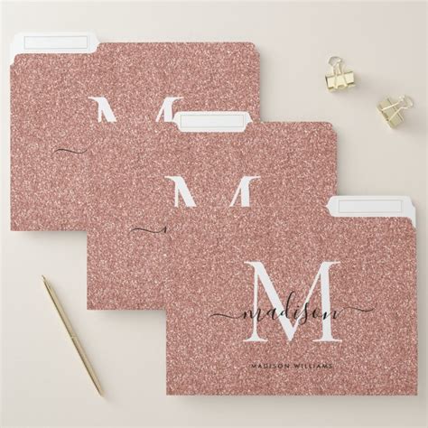 Modern Rose Gold Glitter Sparkle Monogram Script File Folder