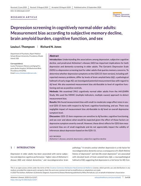 Pdf Depression Screening In Cognitively Normal Older Adults
