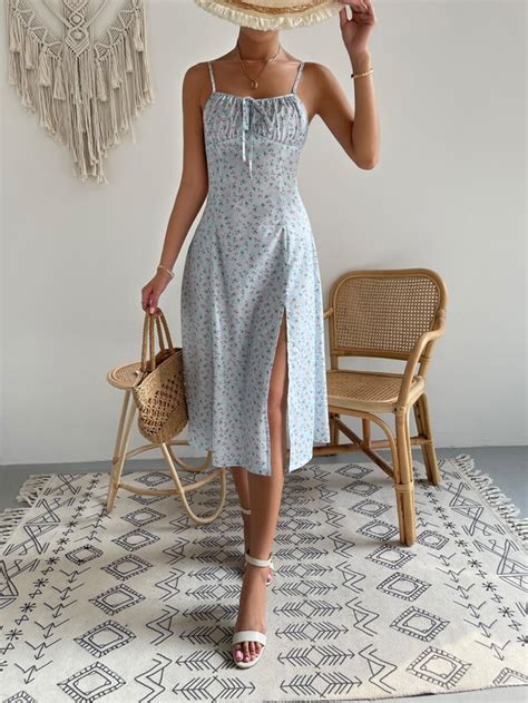 Shein Vcay Allover Floral Print Ruched Bust Slit Hem Cami Dress Shein Usa