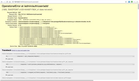 django mysql admin site add user operationalerror savepoint