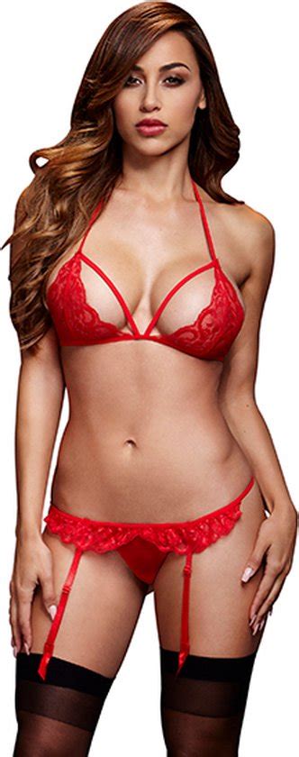 Baci Lacy Bh And String Met Open Kruis Rood One Size
