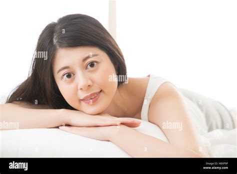 Health Woman Smile Face To Camera Lying On Bed In Morning Asian Girl