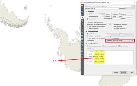 imported csv file with x y coordinates shown on null island in qgis