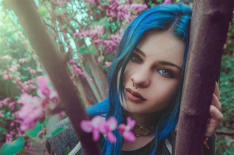 Wallpaper Women Face Dyed Hair Portrait Blue Hair Nose Rings