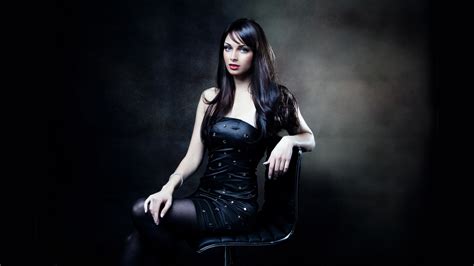 Wallpaper Women Model Long Hair Black Dress Brunette Sitting