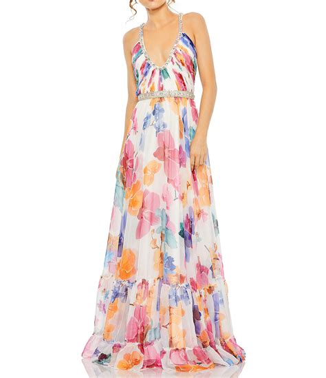 Mac Duggal Floral Print Beaded Deep Scoop Neck Sleeveless Tiered A Line