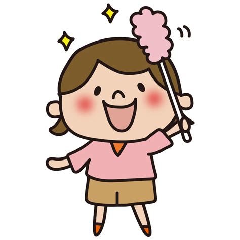 掃除のお手伝いをする子供（女の子）の無料 フリー イラスト かわいい手描きの無料素材「てがきっず」保育園・小学校・介護施設にぴったりの