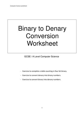 data representation binary and denary decimal conversions worksheet