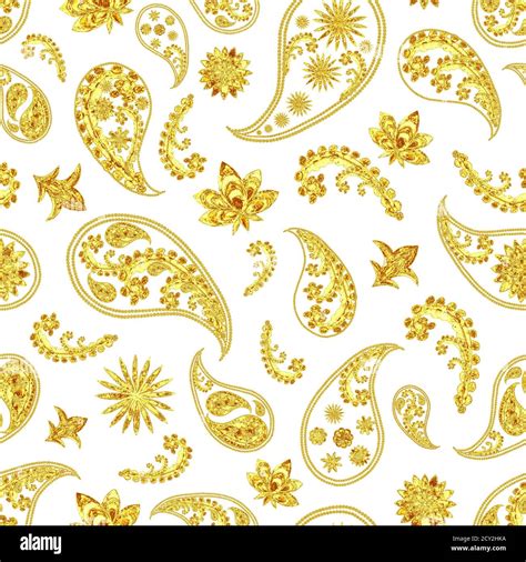Paisley Gold Seamless Pattern Hand Drawn Golden Traditional Asian