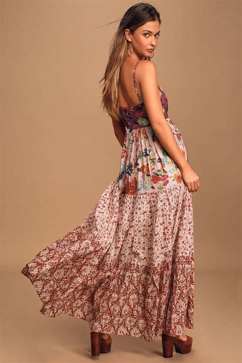 Boho Maxi Dress Pink Multi Floral Dress Tiered Maxi Dress Ad