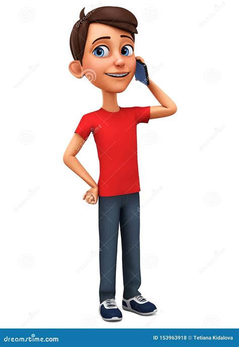Cartoon Character Guy Talking On The Phone On A White Background 3d