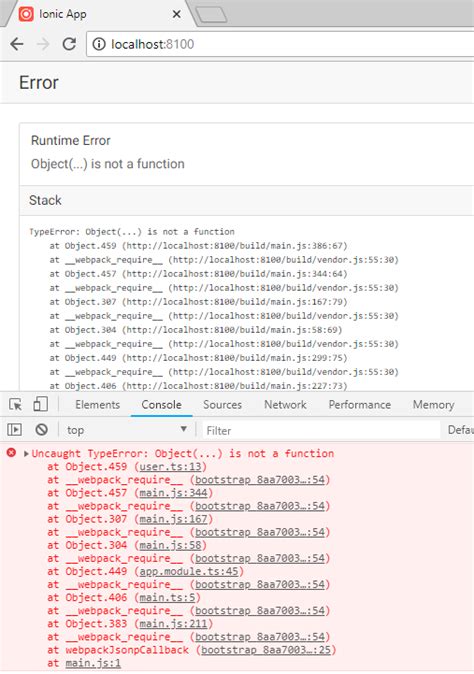 node js ionic runtime error object is not a