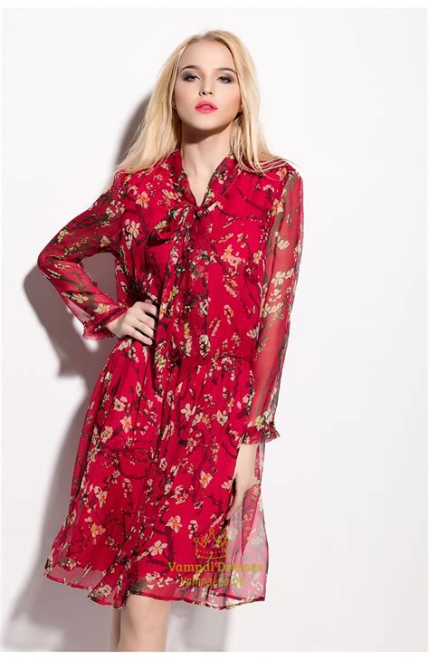 Red Floral Print Chiffon Overlay Knee Length Dress Vampal Dresses