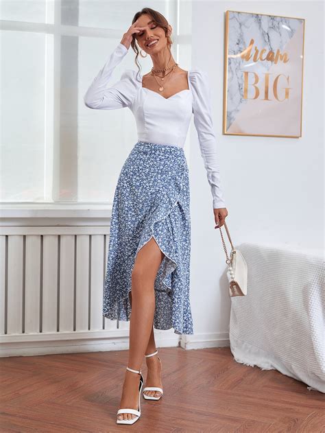 Shein Privé Ditsy Floral Print Lettuce Trim Ruffle Hem Skirt Shein Uk