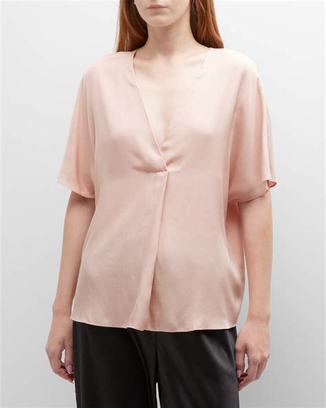 Vince Silk Cap Sleeve Slit Neck Blouse Neiman Marcus
