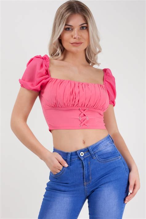 Pink Puff Sleeve Ruched Crop Top – Uk