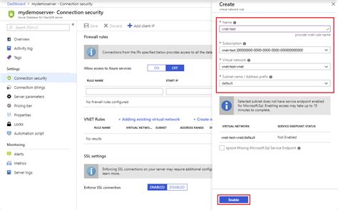 manage vnet endpoints azure portal azure database for