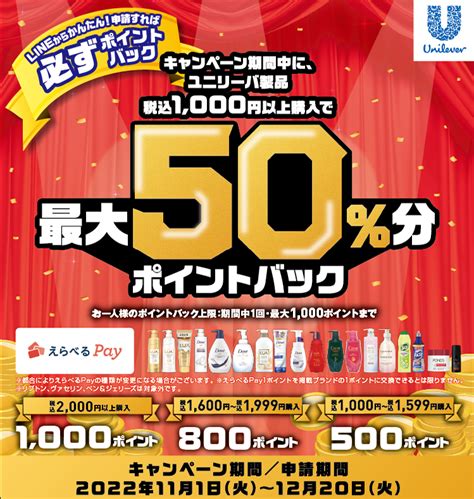 【終了】ユニリーバ製品購入で最大50％ 1000円相当 還元（1000円以上購入限定。11 1～12 20） 最速資産運用