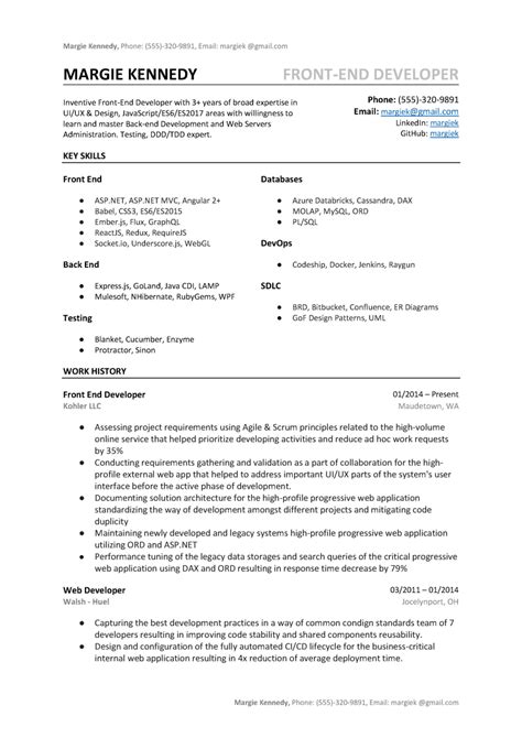 front end developer resume sample and template word pdf
