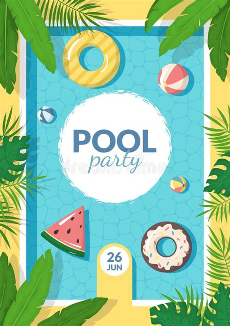 Cartoon Color Summer Pool Party Concept Template Poster Banner Card Set