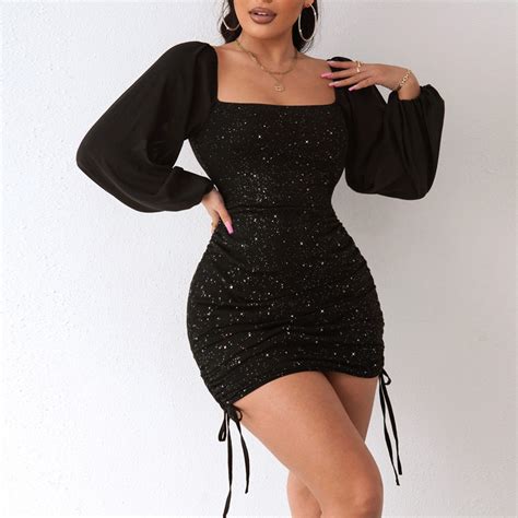 Lantern Sleeve Tie Back Drawstring Glitter Dress Wow Garments