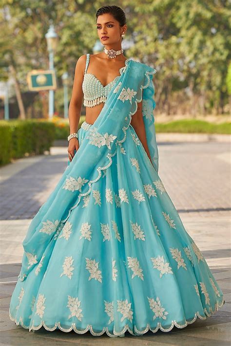 Blue Organza Hand Embroidered Lehenga Set Design By Vvani By Vani Vats