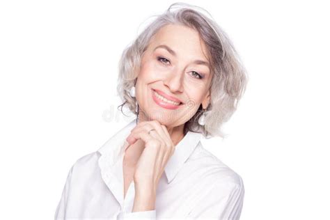 Close Up Portrait Of Pleasant Grey Haired Middle Aged Female Resting