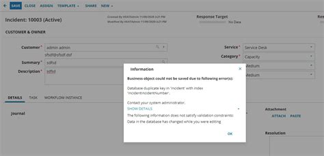 cannot save new business object due to error database duplicate key in