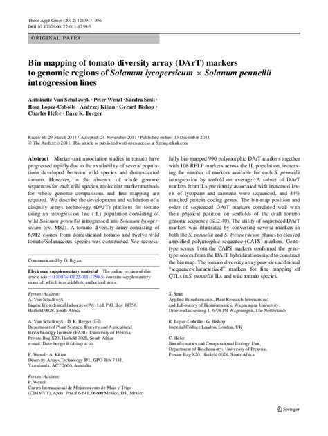pdf bin mapping of tomato diversity array dart markers to genomic
