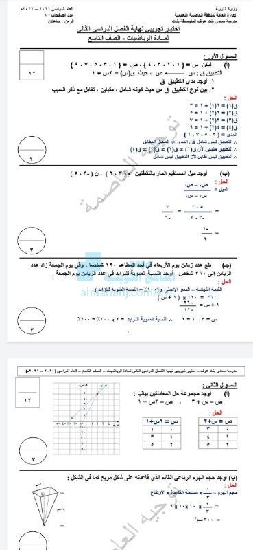 نموذج اختبار تجريبي 1 محلول من التوجيه الفني للرياضيات التوجيه الفني