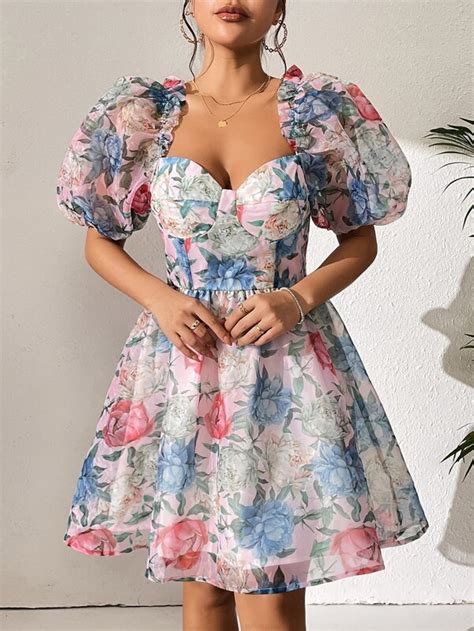 Shein Vcay Floral Print Sweetheart Neck Puff Sleeve Frill Trim Organza