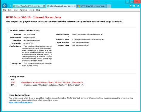 umbraco 722 error 50019 internal server error iis not iis express