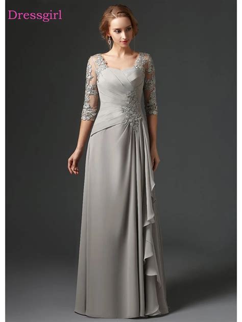 Silver 2019 Mother Of The Bride Dresses A Line 3 4 Sleeves Chiffon Lace